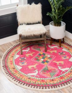 unique loom sedona collection southwestern, border, over-dyed, animals, tribal, abstract area rug, 3 feet 3 inch, pink/beige