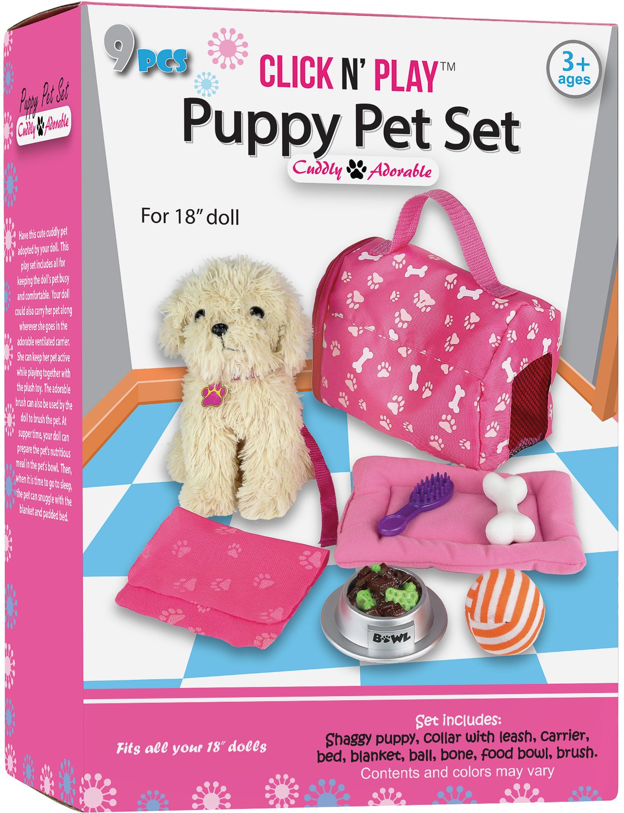 Click N' Play Toy Puppy Set for Kids, Dog Bed - Little Toddler Girl Toy, Toys 3+ Year Old Girls, Three Year Old Girl Gifts,Toy Dogs for Kids - Puppy Toys for Kids