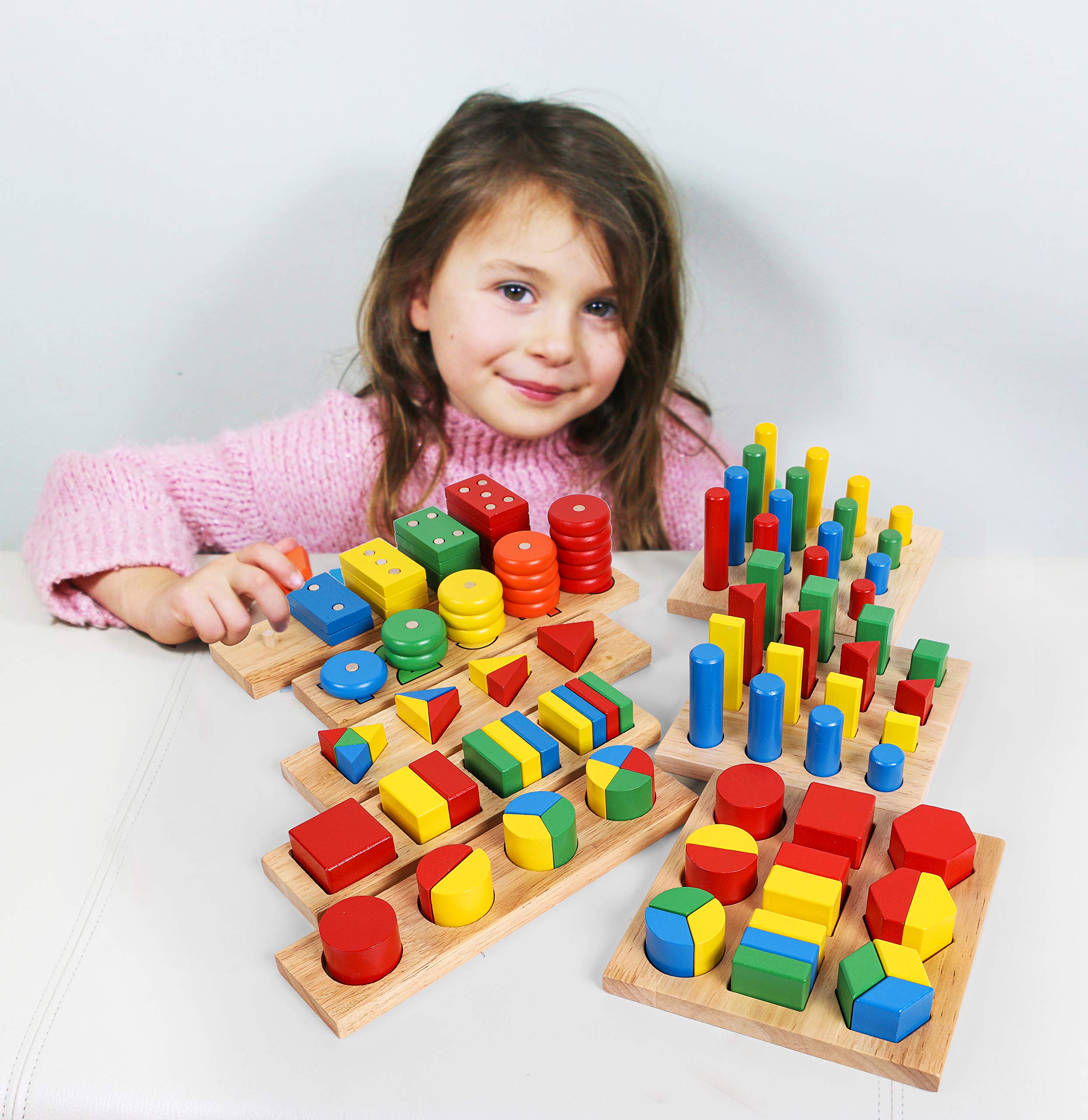 TOWO Wooden Geometric Shapes Stacking Rings and Fractions Boards 8 in 1 Set Puzzles- Shape Sorter Sorting Toy Stacking Game – Montessori Materials Educational Learning Toys for 3 4 5 6 Years