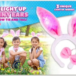 Kangaroo Plush LED Light Up Bunny Costume Adult, White Bunny Ears, Tail & Bowtie Cosplay Accessories, White Rabbit Ears for Easter & Halloween, All Party Favor Basket Stuffers Pink, Stocking Stuffer