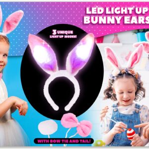 Kangaroo Plush LED Light Up Bunny Costume Adult, White Bunny Ears, Tail & Bowtie Cosplay Accessories, White Rabbit Ears for Easter & Halloween, All Party Favor Basket Stuffers Pink, Stocking Stuffer