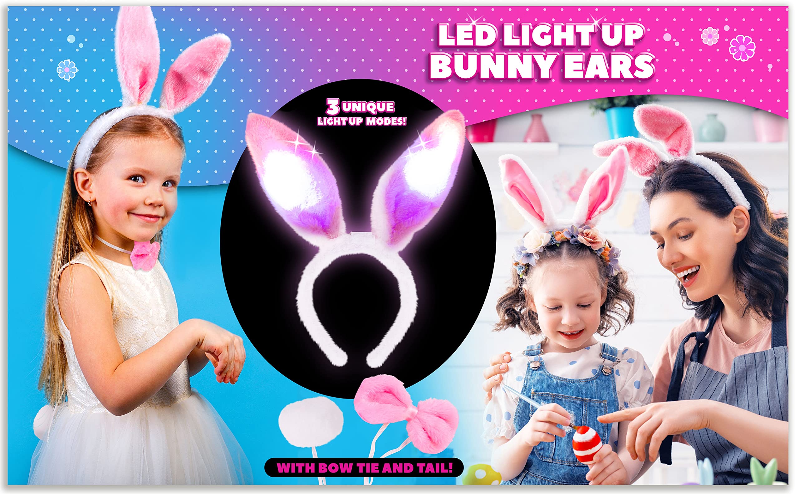 Kangaroo Plush LED Light Up Bunny Costume Adult, White Bunny Ears, Tail & Bowtie Cosplay Accessories, White Rabbit Ears for Easter & Halloween, All Party Favor Basket Stuffers Pink, Stocking Stuffer