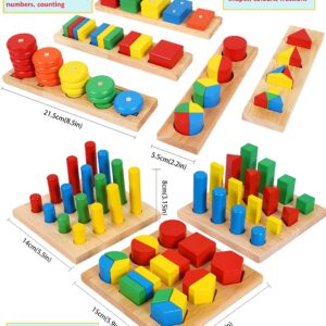 TOWO Wooden Geometric Shapes Stacking Rings and Fractions Boards 8 in 1 Set Puzzles- Shape Sorter Sorting Toy Stacking Game – Montessori Materials Educational Learning Toys for 3 4 5 6 Years