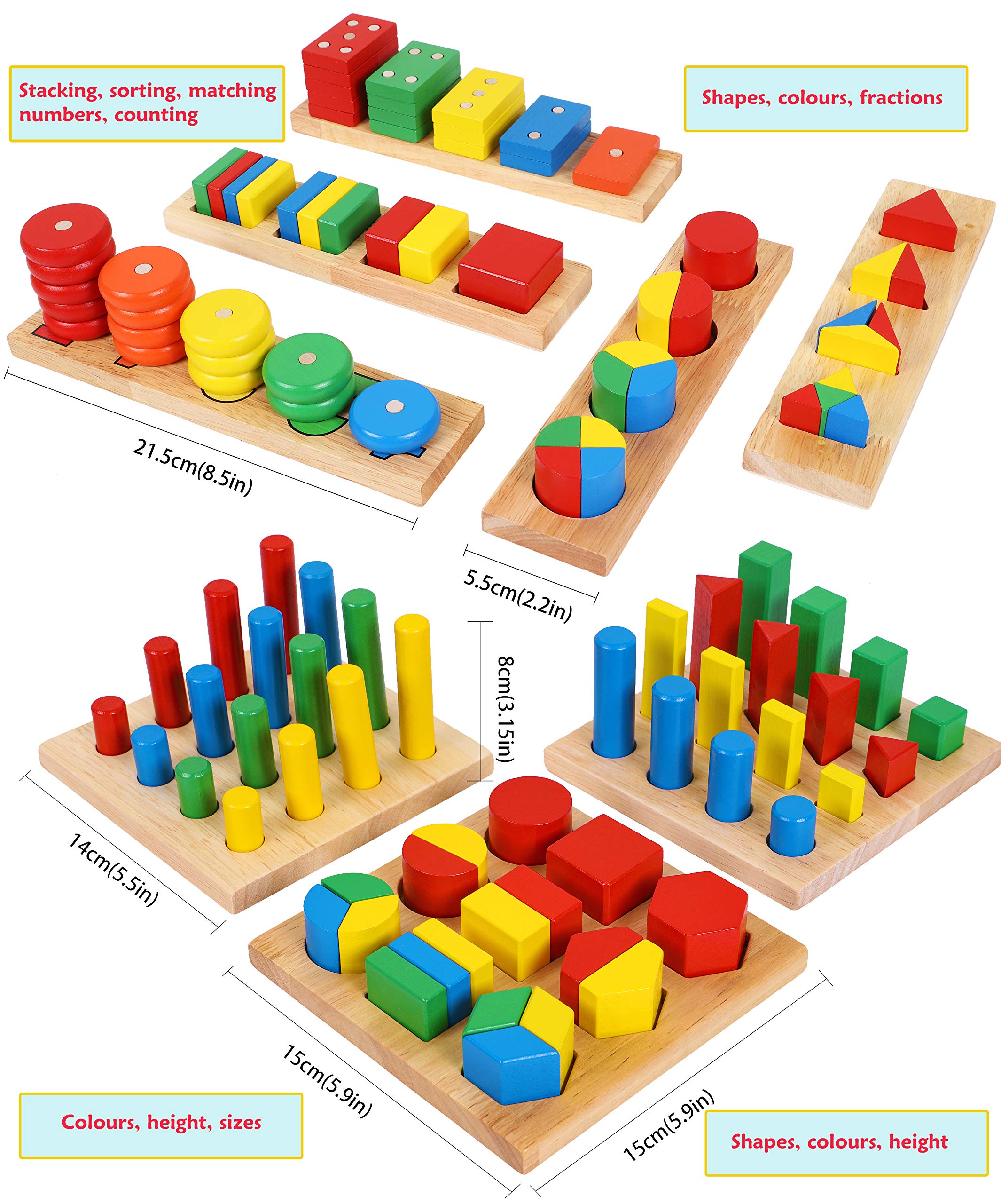 TOWO Wooden Geometric Shapes Stacking Rings and Fractions Boards 8 in 1 Set Puzzles- Shape Sorter Sorting Toy Stacking Game – Montessori Materials Educational Learning Toys for 3 4 5 6 Years