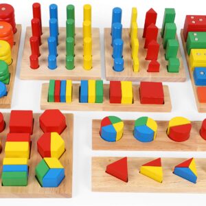 TOWO Wooden Geometric Shapes Stacking Rings and Fractions Boards 8 in 1 Set Puzzles- Shape Sorter Sorting Toy Stacking Game – Montessori Materials Educational Learning Toys for 3 4 5 6 Years