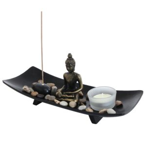 mygift zen meditation rock garden table kit with wood tray, buddha statue, rocks, glass tealight candle and incense burner holder