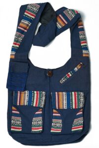 navy blue cross body shoulder bag with woven tribal accent design large