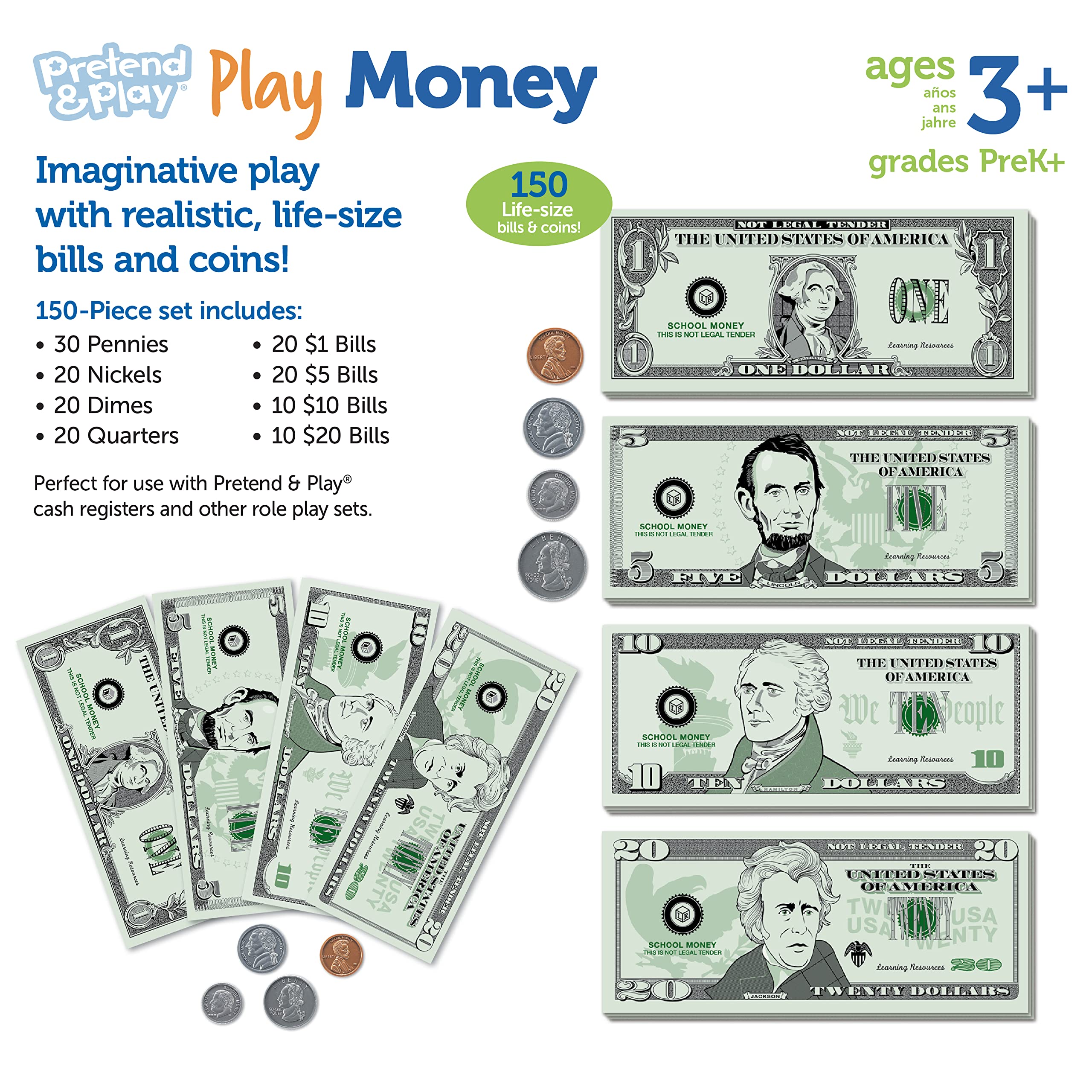 Learning Resources Pretend Play Money - 150 Pieces, Ages 3+ Play Money for Kids, Pretend Money for Kids, Play Money Set, Money and Banking Play Toys, Toddler Learning Toys