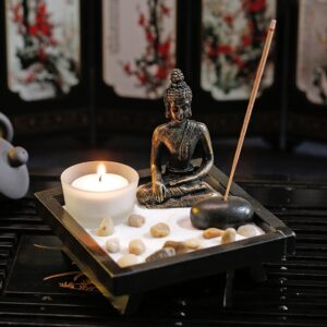 mygift mini meditation zen rock garden table decor kit with buddha statue, incense, sand, tealight candle holder and wood tray