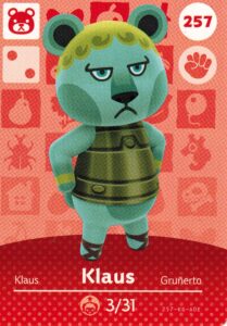 nintendo animal crossing happy home designer amiibo card klaus 257/300 usa version