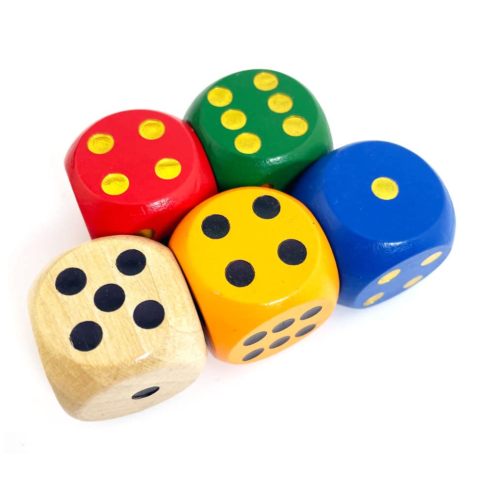 SmartDealsPro Set of 5 Random Color Large 1 1/5" Round Edge Wooden Dice (5 Colors with dots)