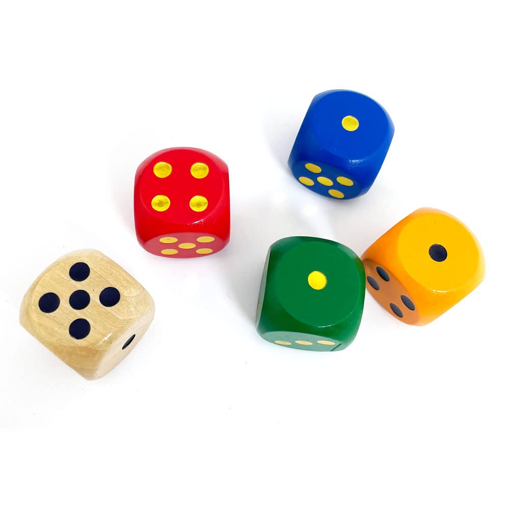 SmartDealsPro Set of 5 Random Color Large 1 1/5" Round Edge Wooden Dice (5 Colors with dots)