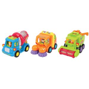 think gizmos friction toy 3 vehicle set for toddlers - push and go toys for boys & girls - cement mixer truck/street sweeper/harvester truck