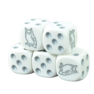 set of 5 owl white dice round corner opaque 16mm grey spots in snow organza bag