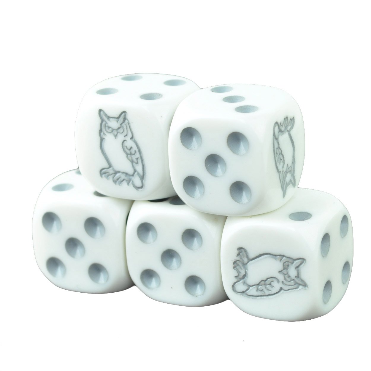 Set of 5 Owl White Dice Round Corner Opaque 16mm Grey Spots in Snow Organza Bag