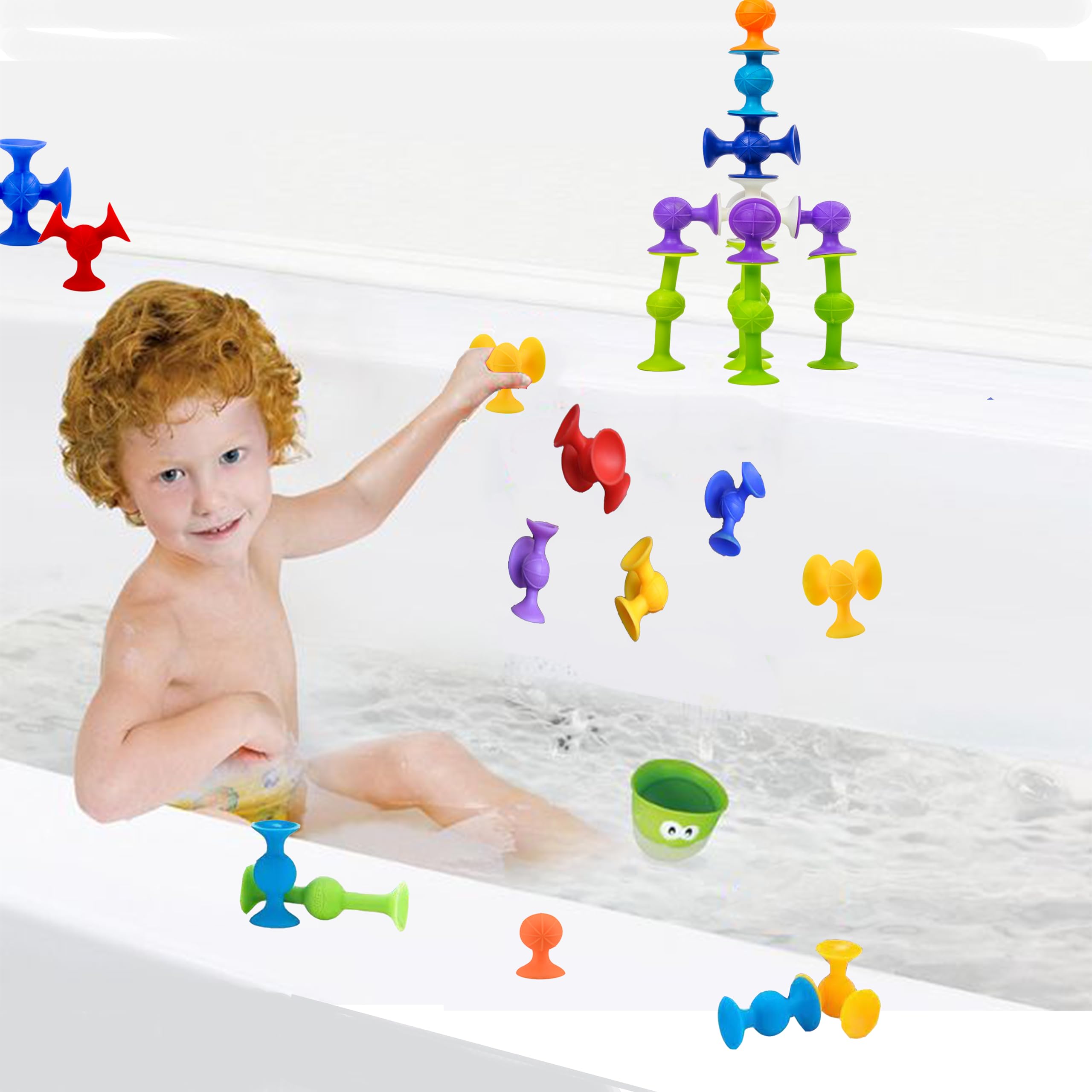 BAIVYLE 48 Piece Suction Cup Toys Construction Set - Silicone Building Blocks DIY Fun Bath Toys for Kids Ages 1-3, Toddler Travel Toys, Darts Sucker Toys with Toddler Road Trip Essentials