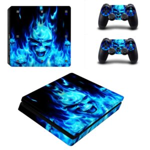 skinown blue fire flame skull sticker vinly decal cover for sony ps4 playstation 4 console and controller