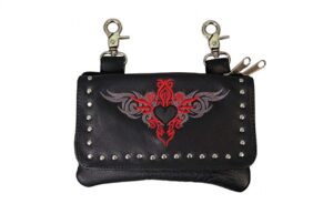 officially licensed original hot leathers inc. usa reflective heart clip pouch purse, adjustable strap - 8" x 5" x 1" black