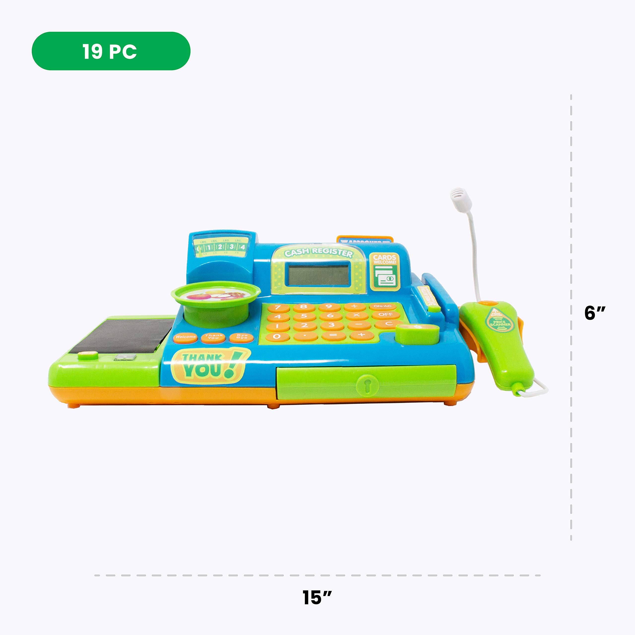 Boley Pretend Play Cash Register Toy for Kids – 19 Piece Interactive Set with Scanner, Microphone, Conveyor Belt, Calculator & Money – Educational Toy for Boys & Girls – Ages 3 and Up