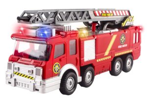 fire truck toy rescue with shooting water, lights and sirens sounds, extending ladder and water pump hose to shoot water, bump and go action by vokodo