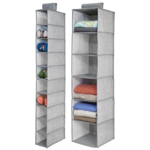 mdesign fabric over rod hanging closet storage organizers, includes a wide 6-shelf sweater organizer, and a narrow 10-shelf shoe rack - textured print - set of 2 - gray