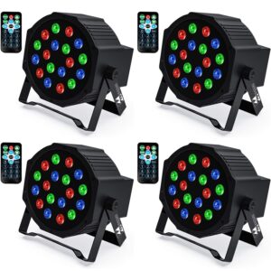 missyee 18 rgb led dj stage uplight -dmx control sound activated with remote control and 7 modes led for wedding, events, christmas and halloween music disco party -r&d in usa -4 pack