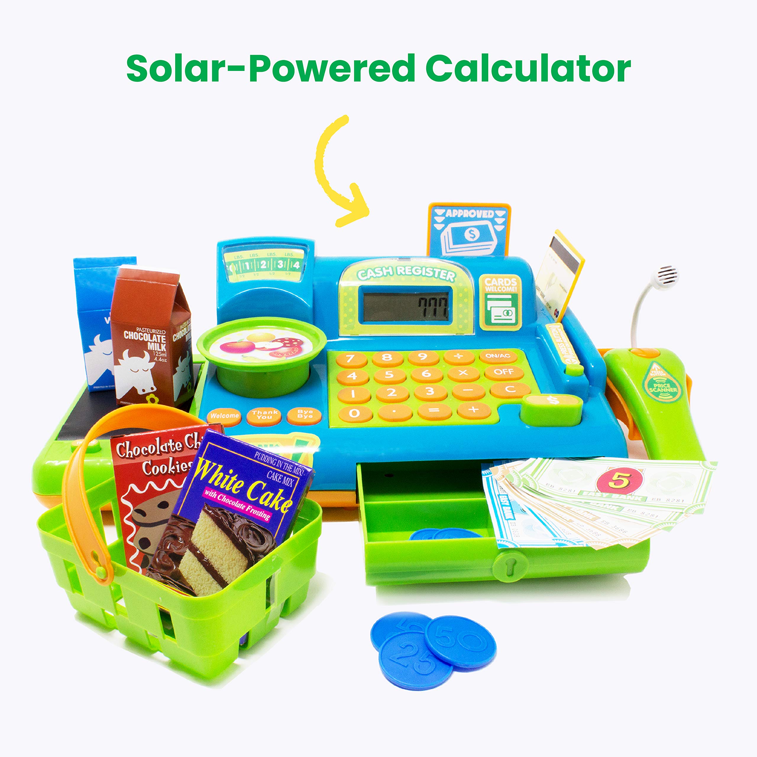 Boley Pretend Play Cash Register Toy for Kids – 19 Piece Interactive Set with Scanner, Microphone, Conveyor Belt, Calculator & Money – Educational Toy for Boys & Girls – Ages 3 and Up