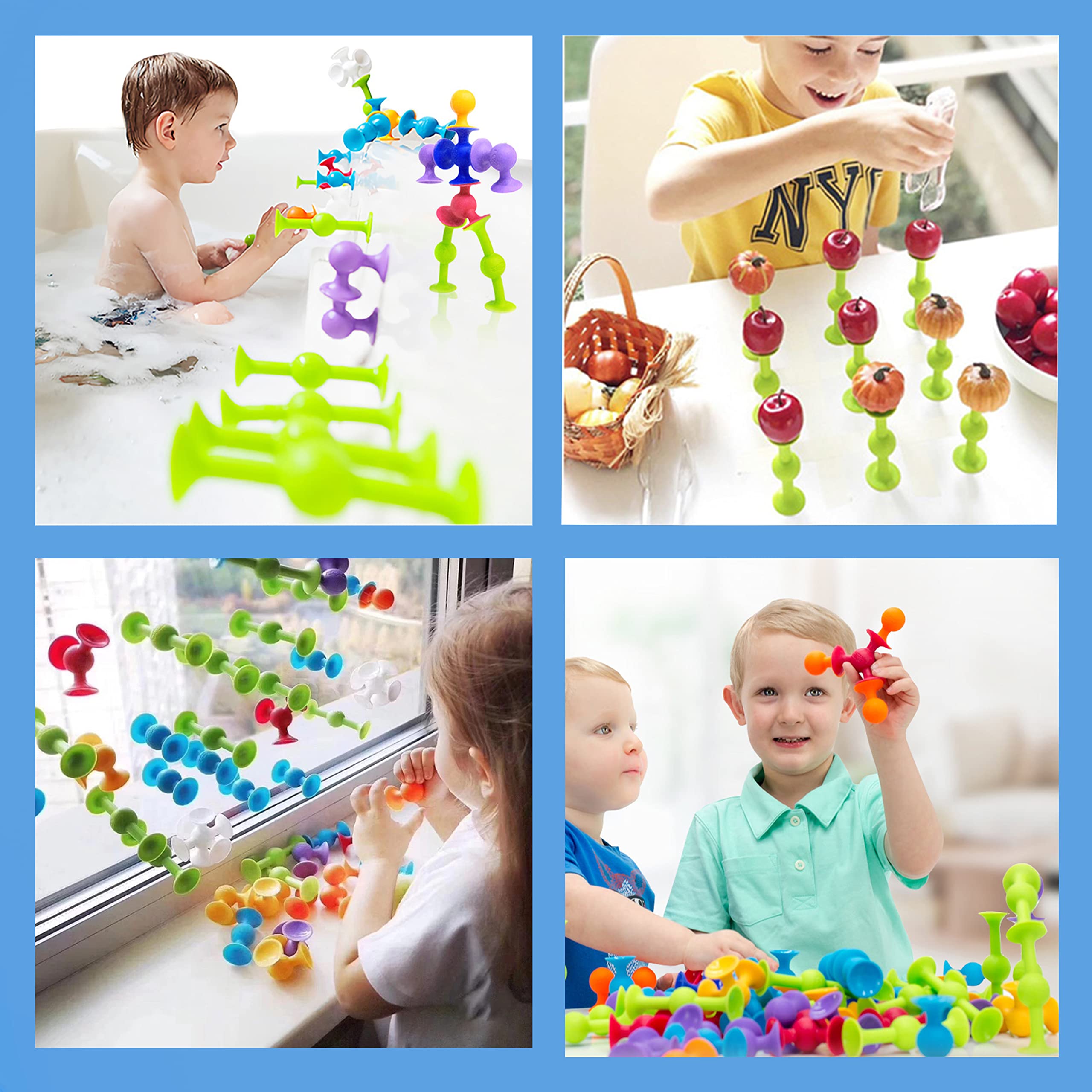 BAIVYLE 48 Piece Suction Cup Toys Construction Set - Silicone Building Blocks DIY Fun Bath Toys for Kids Ages 1-3, Toddler Travel Toys, Darts Sucker Toys with Toddler Road Trip Essentials