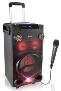 pyle portable wireless bluetooth karaoke pa loud speaker - 8'' subwoofer sound system with dj lights, rechargeable battery, fm radio, usb / micro sd reader, microphone, remote - pwma335bt