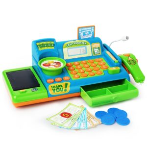 boley pretend play cash register toy for kids – 19 piece interactive set with scanner, microphone, conveyor belt, calculator & money – educational toy for boys & girls – ages 3 and up