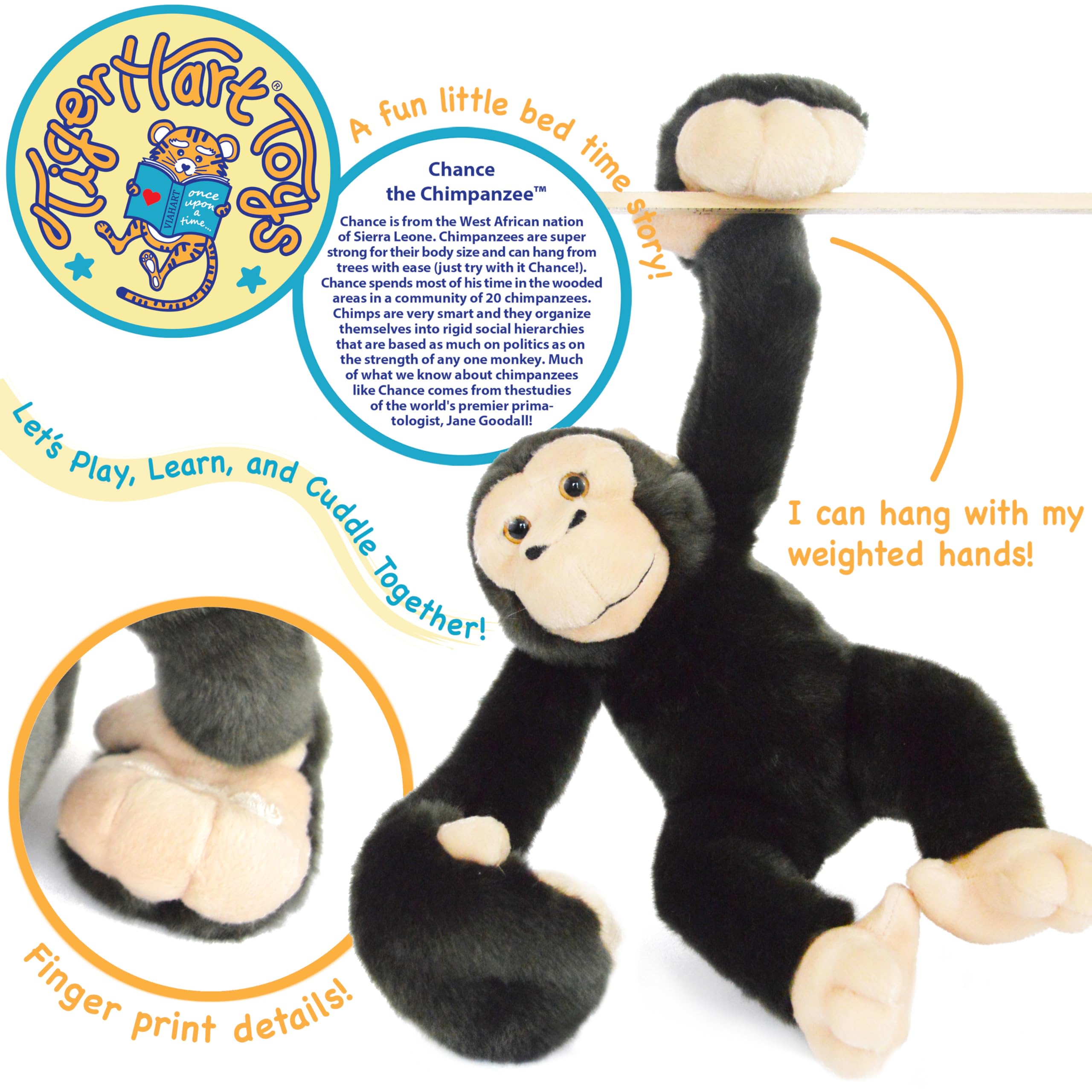 TigerHart Chance The Chimpanzee - 14 Inch (with Hanging Arms Outstretched) Large Hanging Monkey Chimp Stuffed Animal Plush Ape