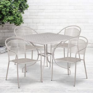 flash furniture oia commercial grade 35.5" square light gray indoor-outdoor steel patio table set with 4 round back chairs