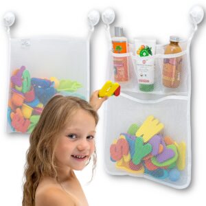 2 x mesh bath toy organizer + 8 ultra strong hooks – the perfect bathtub toy holder & bathroom or shower caddy – these multi-use net bags make baby bath toy storage easy – for kids & toddlers