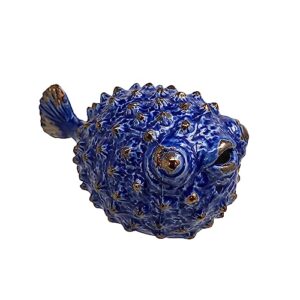 8" puffer fish sculpture - ceramic blue fish figurine - ocean beach theme - contemporary coastal decorative accent statue for home or office decor