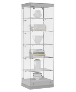 displays2go glass display case with led lighting, locking swing open door, tempered glass shelves with mdf top & base – clear & silver (gtap24leds)