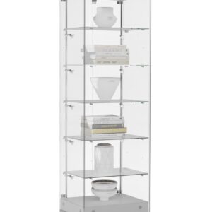 Displays2go Glass Display Case with LED Lighting, Locking Swing Open Door, Tempered Glass Shelves with MDF Top & Base – Clear & Silver (GTAP24LEDS)