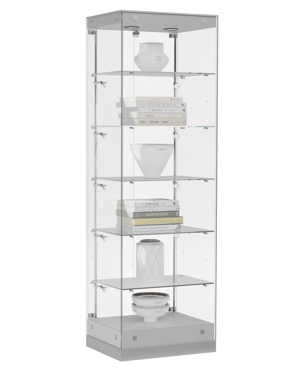 Displays2go Glass Display Case with LED Lighting, Locking Swing Open Door, Tempered Glass Shelves with MDF Top & Base – Clear & Silver (GTAP24LEDS)