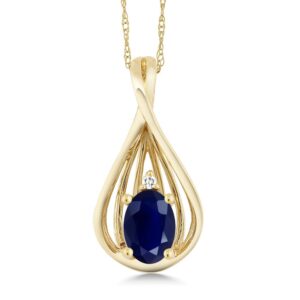 gem stone king 10k yellow gold blue sapphire and white diamond teardrop pendant necklace for women (0.55 cttw, gemstone september birthstone, oval 6x4mm, with 18 inch chain)