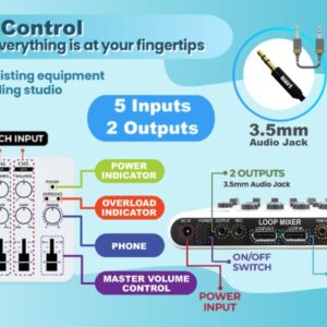 Maker Hart LOOP MIXER - Portable Audio Mixer with 5 Channel stereo inputs, 3 Outputs via 3.5mm jack. Including a Mono to Stereo DM2S Adapter.