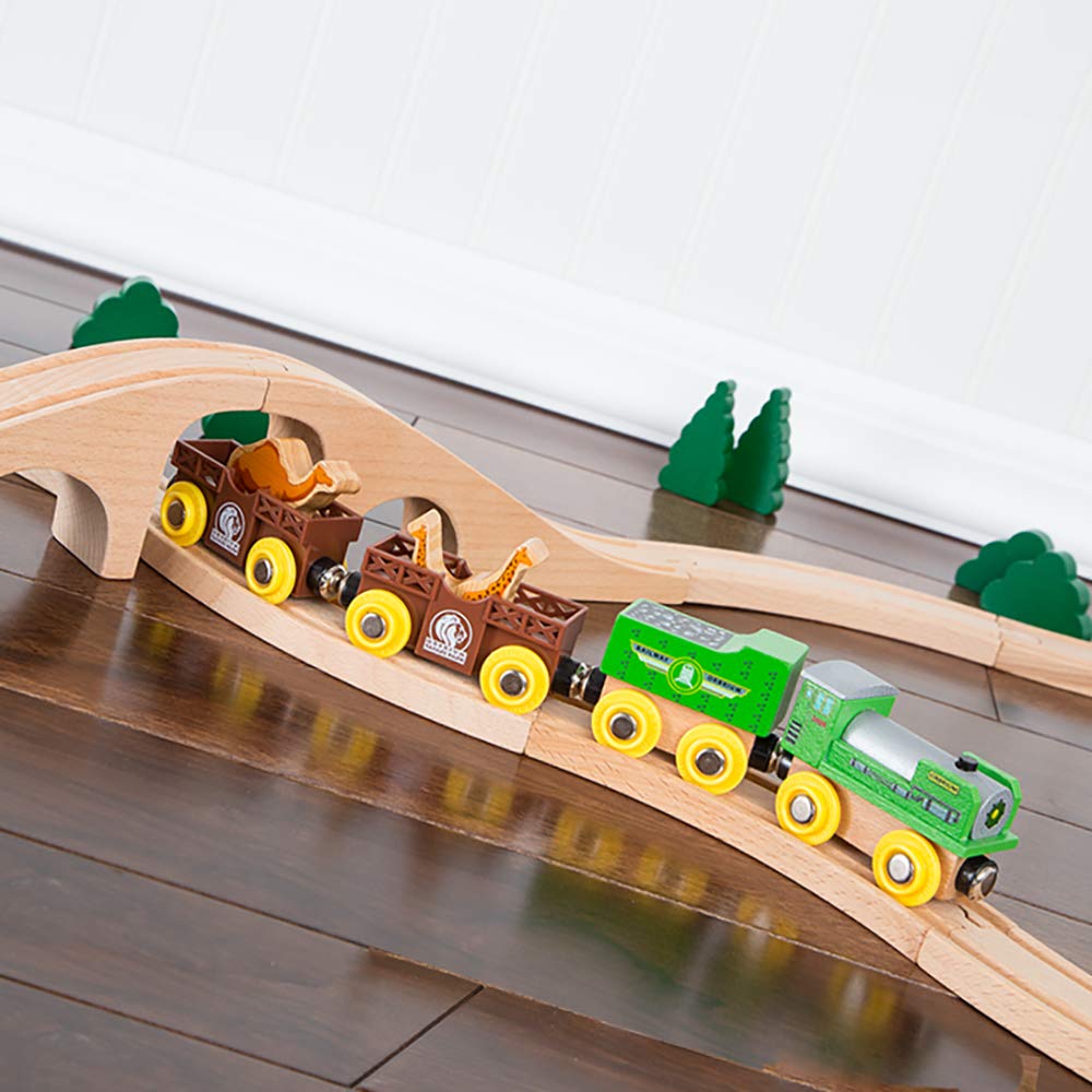 Orbrium Toys 12 (18 Pcs) Wooden Engines & Train Cars Collection with Animals, Farm Safari Zoo Wooden Animal Train Cars, Circus Wooden Train Compatible with Thomas, Brio, Chuggington