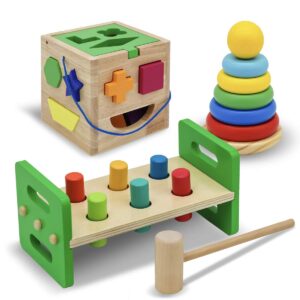 waliki wooden toy pack for kids | pounding bench, shape sorter box & rainbow stacker | montessori developmental toys for toddlers & preschoolers | ages 2-5 | educational gift