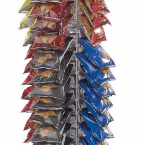 Displays2go Chip Display Stand, 72 Clip Spinner Design, Top Carousel Plastic Header - White (CCFR72WH)