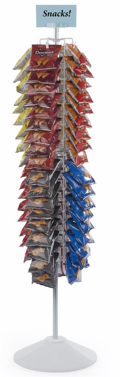 Displays2go Chip Display Stand, 72 Clip Spinner Design, Top Carousel Plastic Header - White (CCFR72WH)