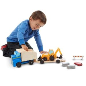 melissa & doug classic toy wooden dump truck & loader with construction pieces