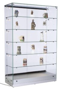 displays2go tempered glass display cases with lighting, full vision, locking, painted mdf base – silver (gtec48leds)