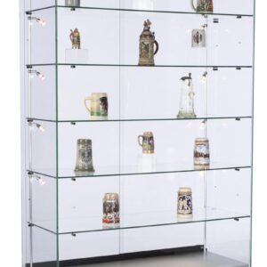 Displays2go Tempered Glass Display Cases with Lighting, Full Vision, Locking, Painted MDF Base – Silver (GTEC48LEDS)