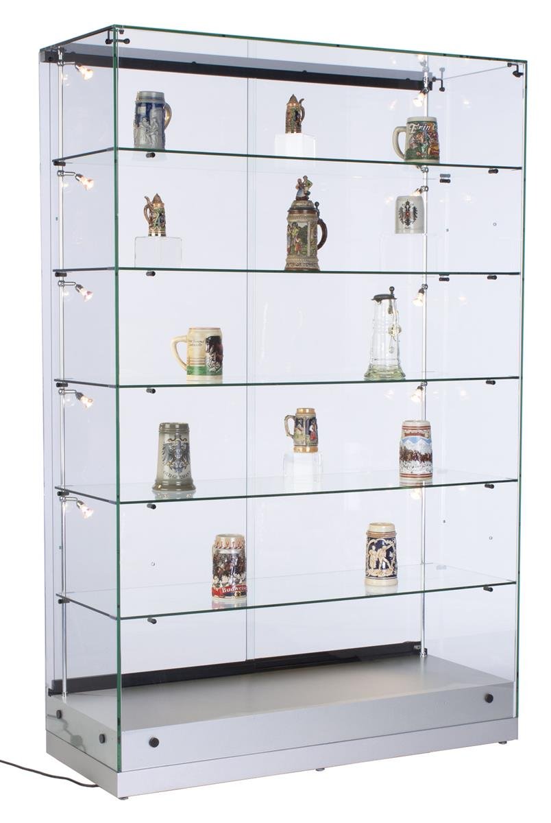 Displays2go Tempered Glass Display Cases with Lighting, Full Vision, Locking, Painted MDF Base – Silver (GTEC48LEDS)