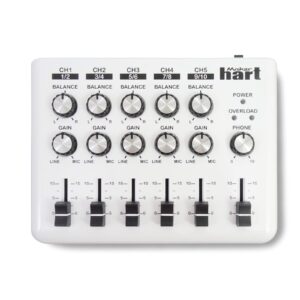 maker hart loop mixer - portable audio mixer with 5 channel stereo inputs, 3 outputs via 3.5mm jack. including a mono to stereo dm2s adapter.