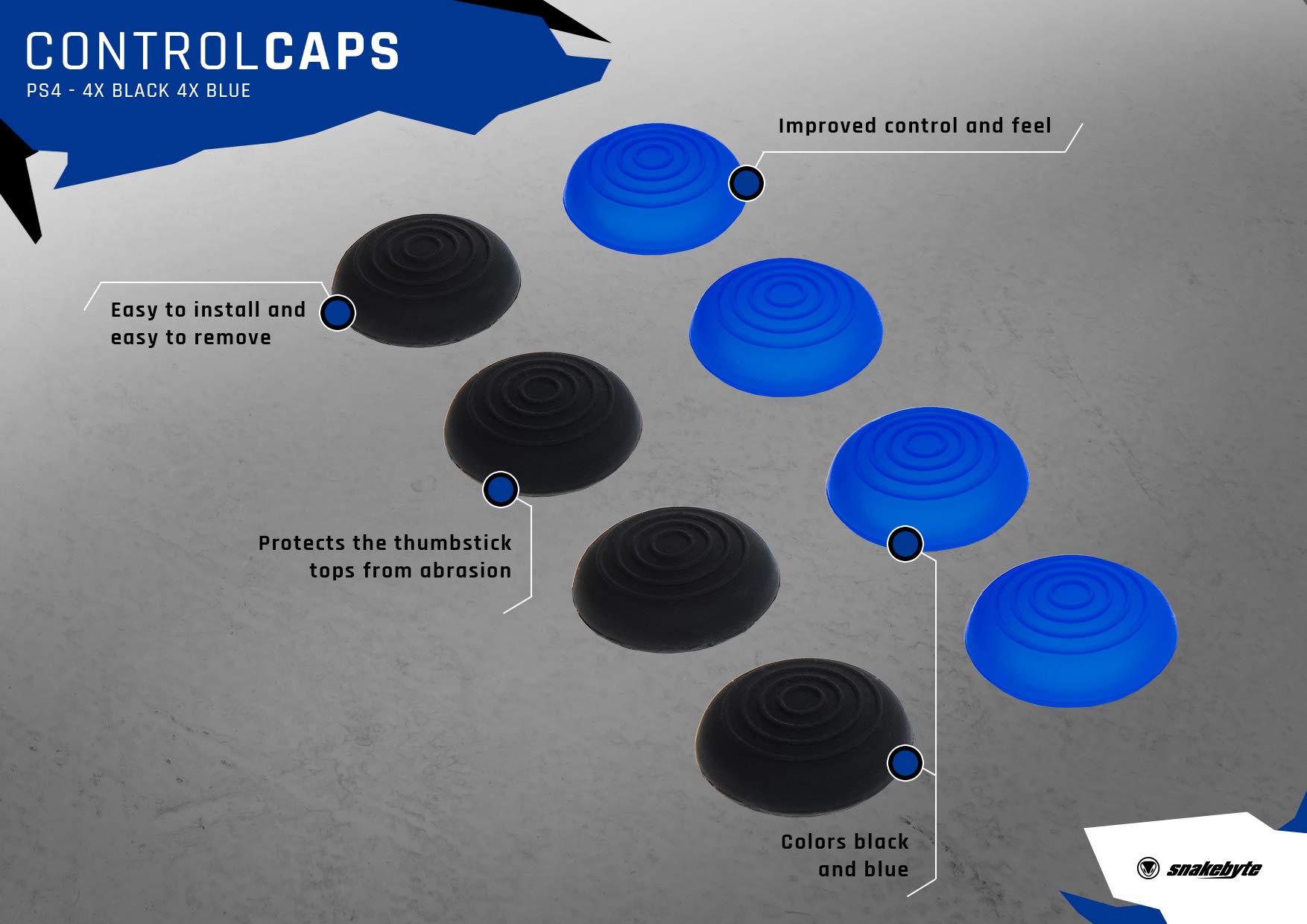 Snakebyte Control: Caps - 8x Thumb Grips for PlayStation 4 Controller/Gamer Pad (4x Black/ 4x Blue)