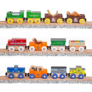 Orbrium Toys 12 (18 Pcs) Wooden Engines & Train Cars Collection with Animals, Farm Safari Zoo Wooden Animal Train Cars, Circus Wooden Train Compatible with Thomas, Brio, Chuggington